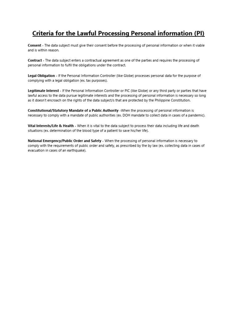 Criteria For The Lawful Processing Personal Information | PDF