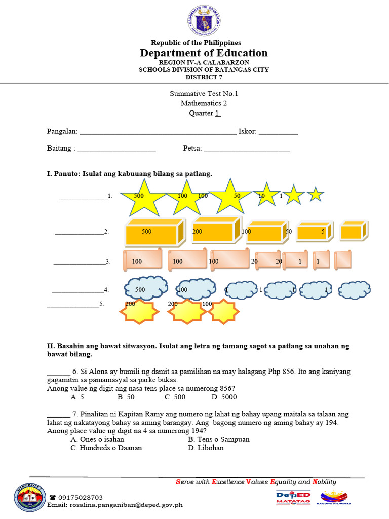 Math 2 Summative Test No 1 W Tos Pdf