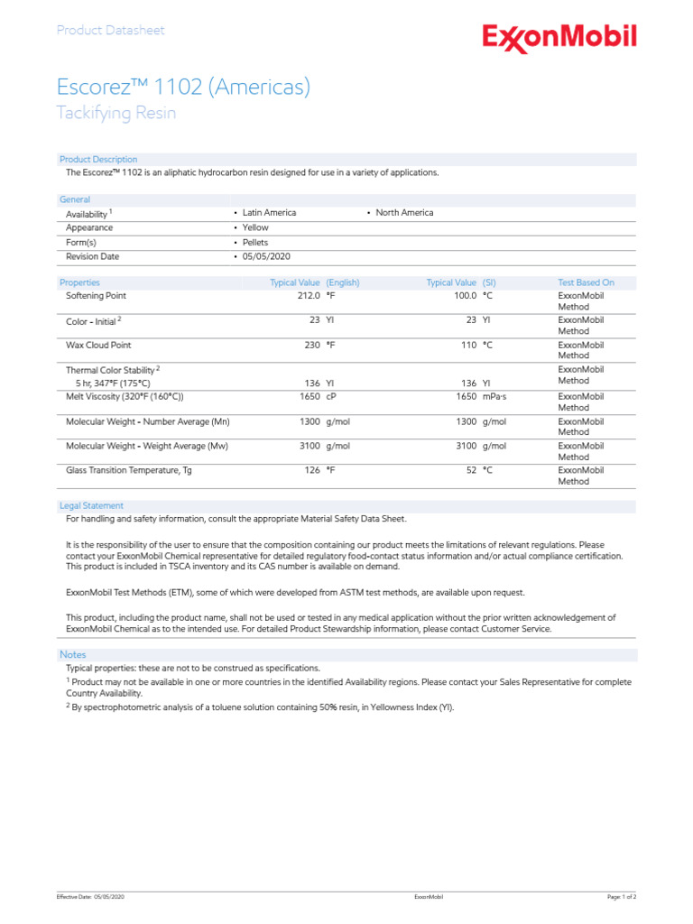Escorez™ 1102 (Americas) : Tackifying Resin | PDF | Viscosity | Physical Sciences