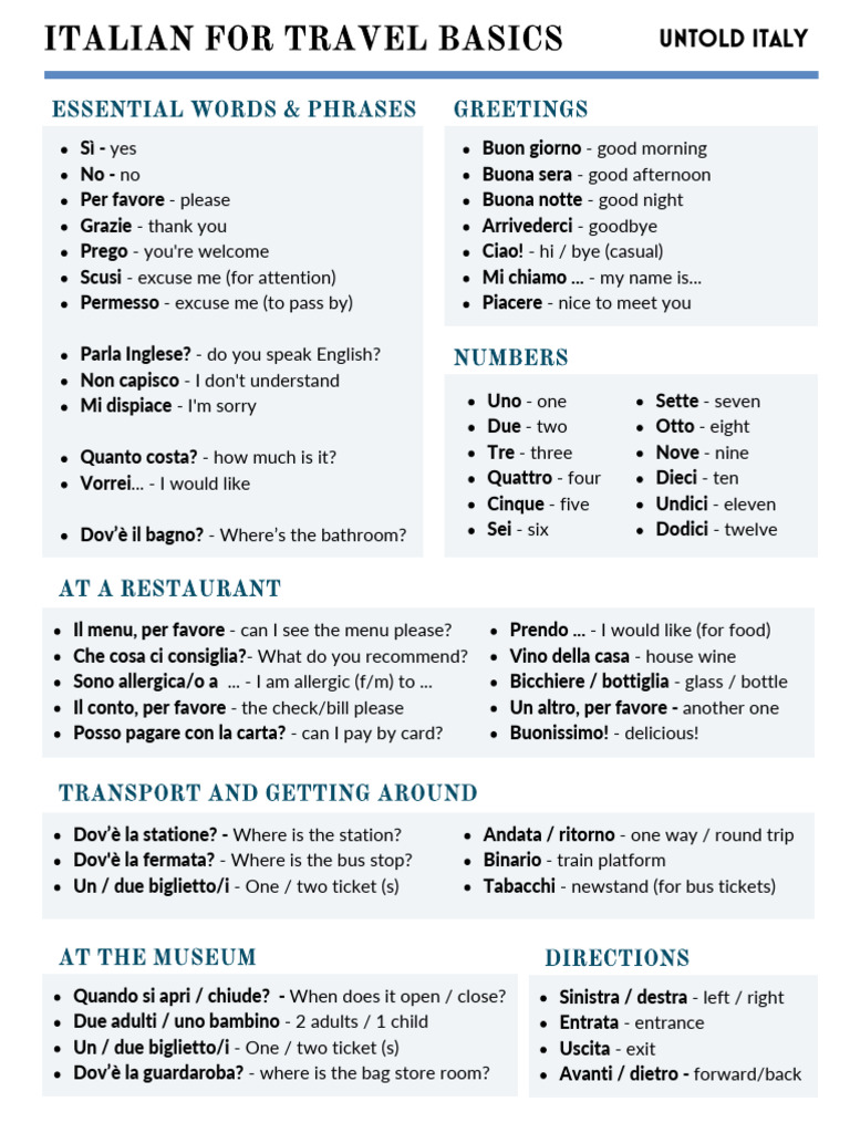 Untold Italy Italian Phrases For Travel Cheat Sheet | PDF