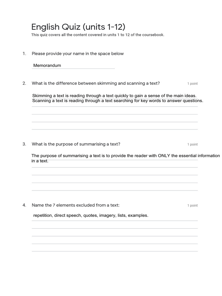 IGCSE English Quiz (Units 1-12) | PDF | Narration | Metaphor