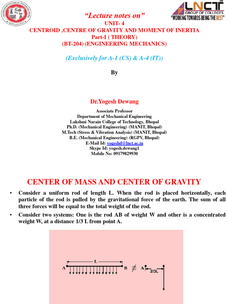 BT 204 Bcem Centroid Centre of Gravity and Moment of Inertia Part 1 Theory A 1 A 4 | PDF ...