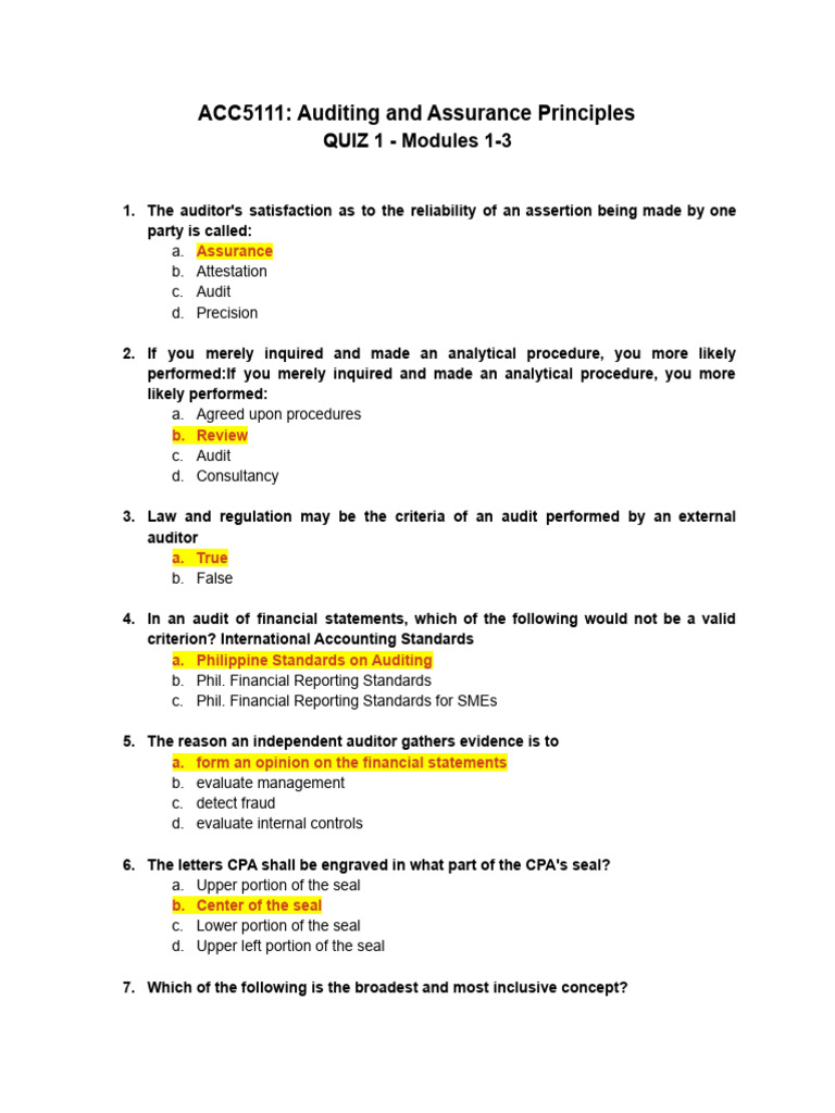 Q1 - Q4 - Prelim Exam ACC5111 - Auditing and Assurance Principles | PDF | Financial Audit | Audit