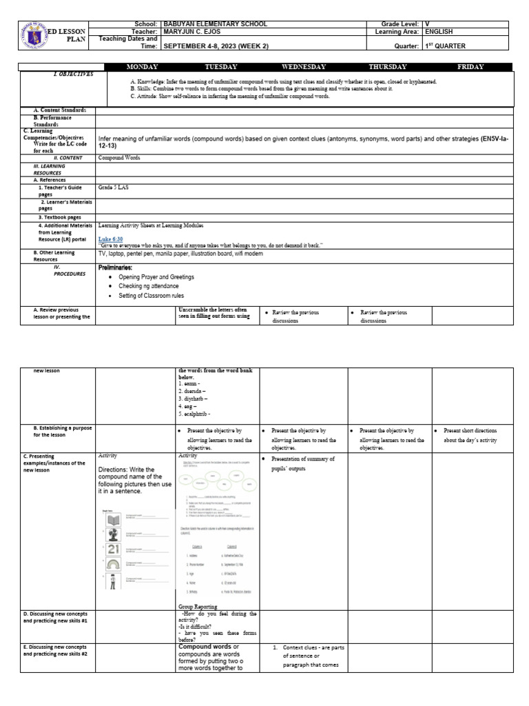 DLL English-5-Q1 W2 | PDF | Learning | Word