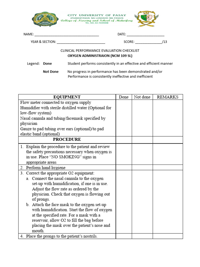 Oxygen Administration Checklist | PDF | Medical Specialties | Clinical ...