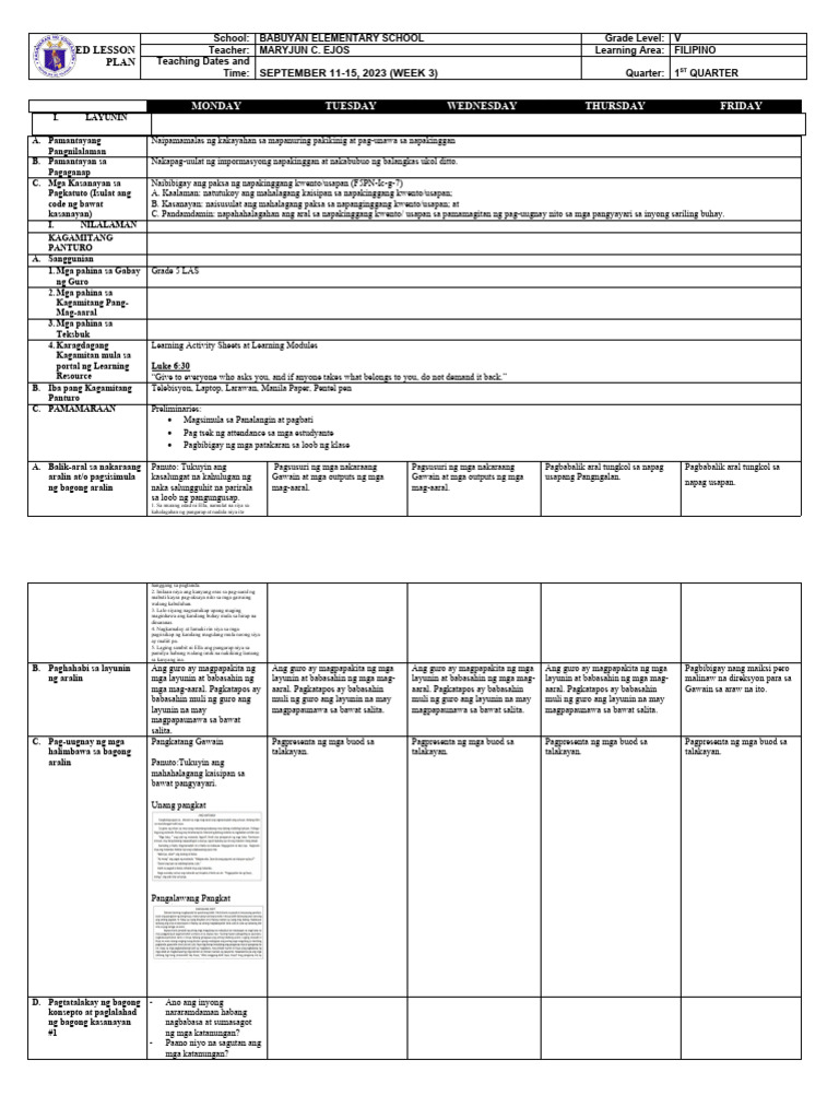 DLL - Filipino 5 Q1 - W3 | PDF