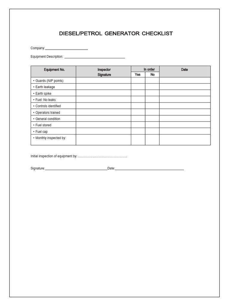 Diesel & Petrol Generator Checklist | PDF