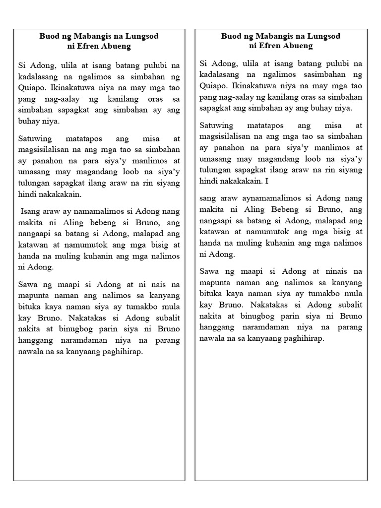 Buod NG Mabangis Na Lungsod | PDF