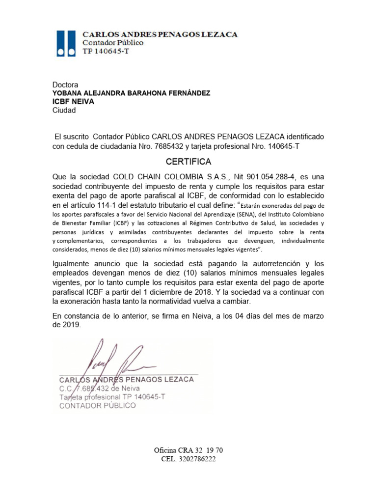 Certificado Contador Publico ICBF | PDF