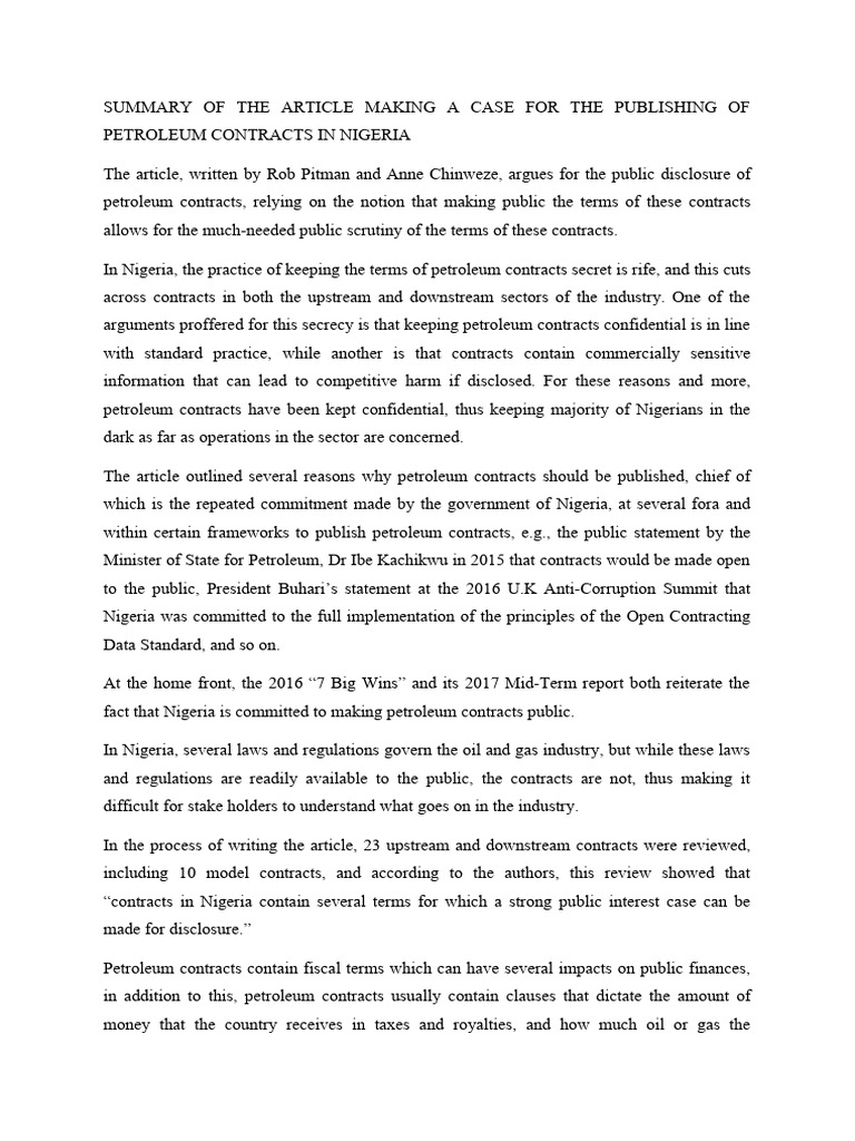 Summary of The Article Making A Case For The Publishing of Petroleum ...