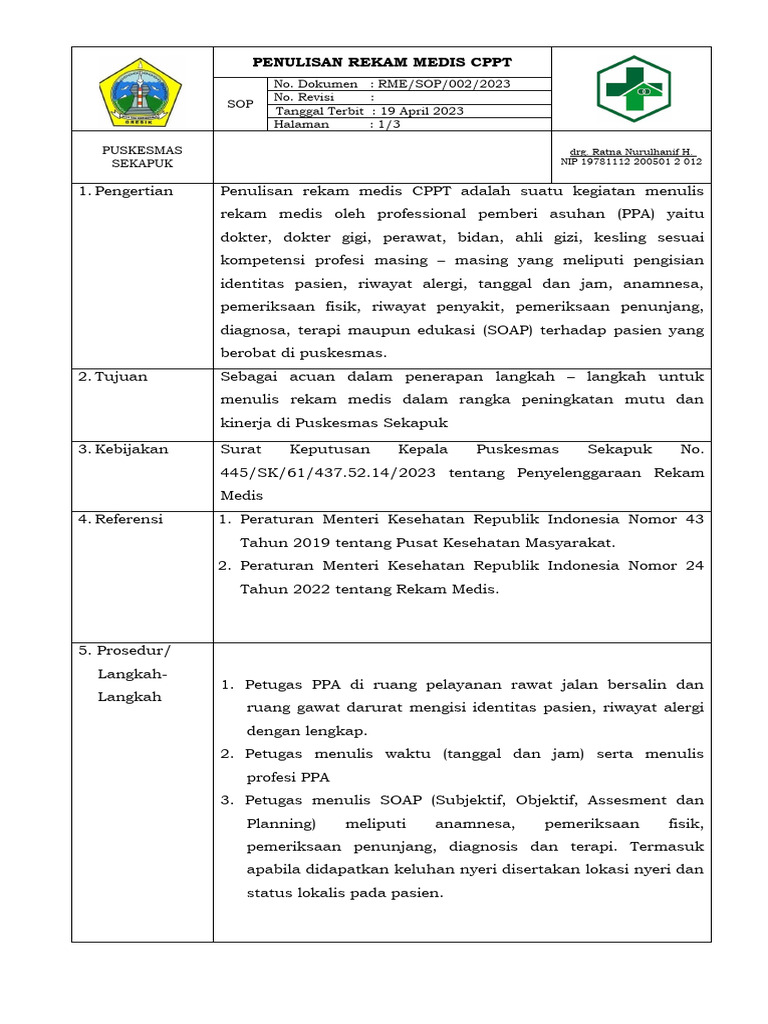 3.8.1.a.4.a. Sop Pengisian Rekam Medis (CPPT) | PDF