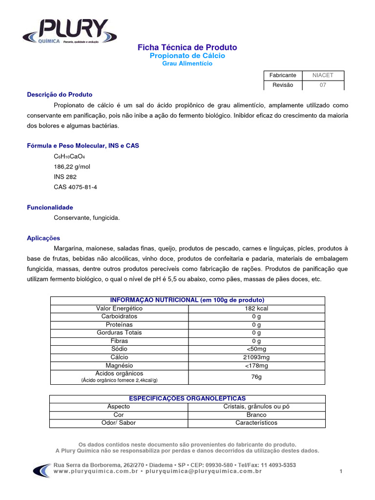 Propionato de Cálcio - NIACET (Kemira) Março 2020 | PDF | Pães ...
