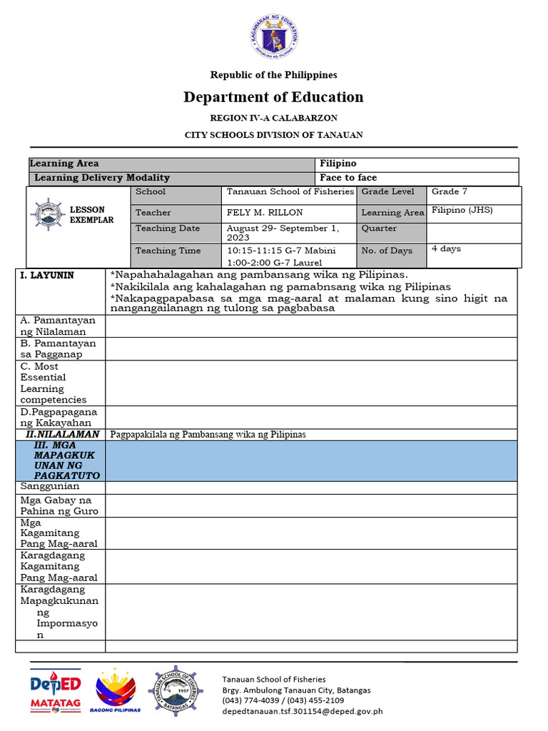 Week-1 at 2 - Lesson-Plan Filipino 7 2023-2024 | PDF