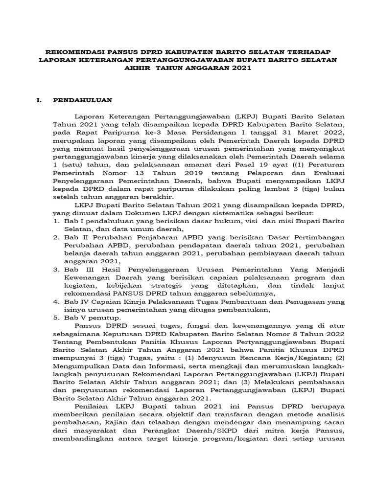 Rekomendasi Pansus DPRD LKPJ Tahun 2021 | PDF | Bisnis