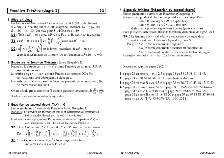 Étude du Trinôme du Second Degré | PDF | Équations | Concepts mathématiques