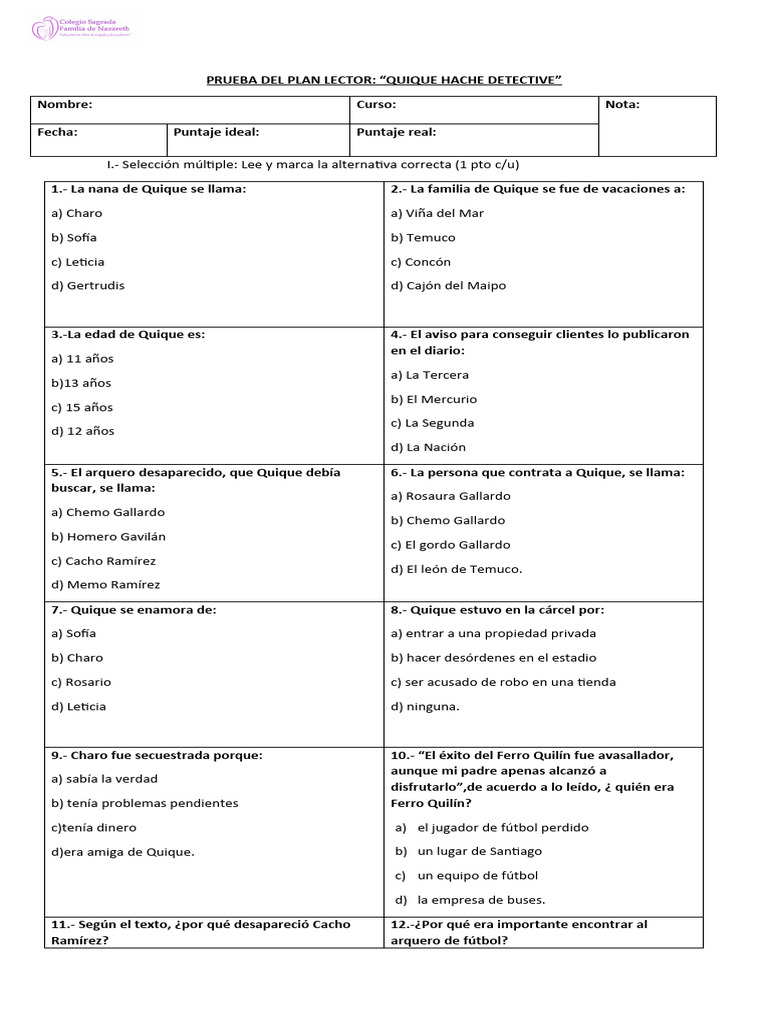Prueba Plan Lector 6to Quique Hache Detective | PDF