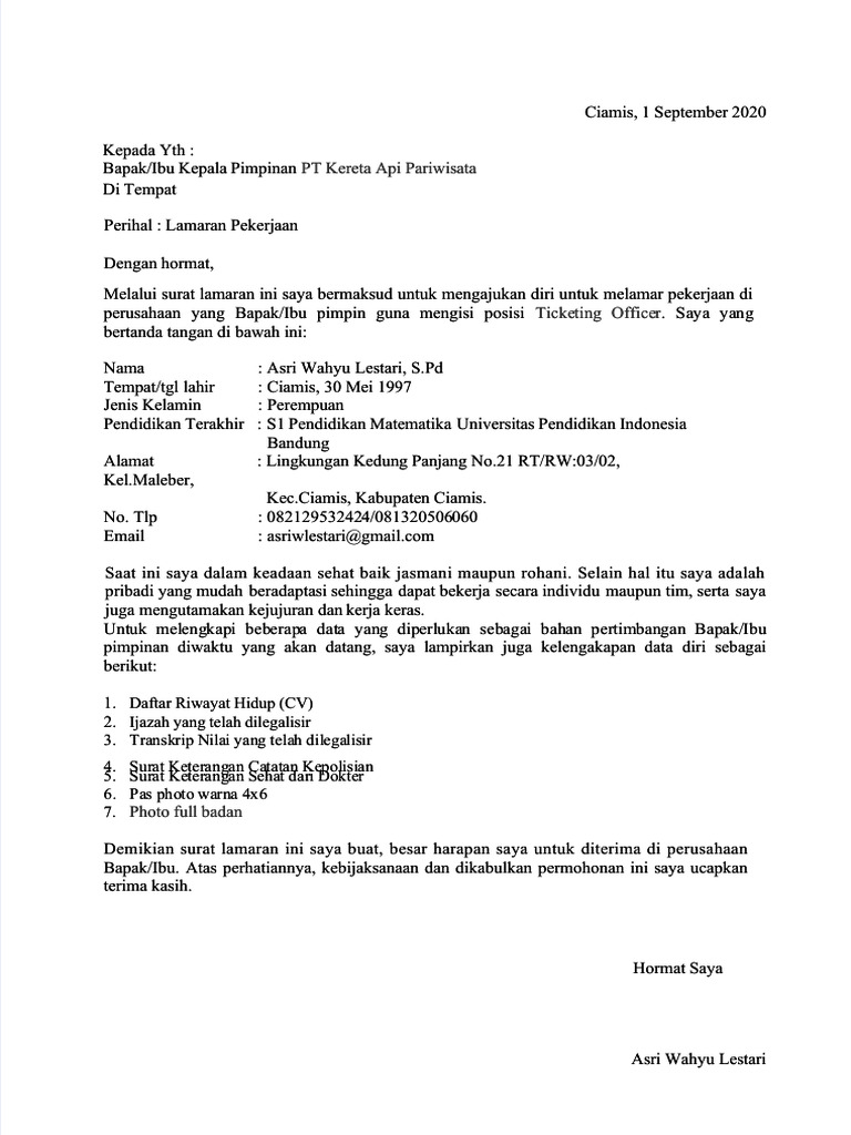 PDF Surat Lamaran PT Kai Pariwisata - Compress | PDF