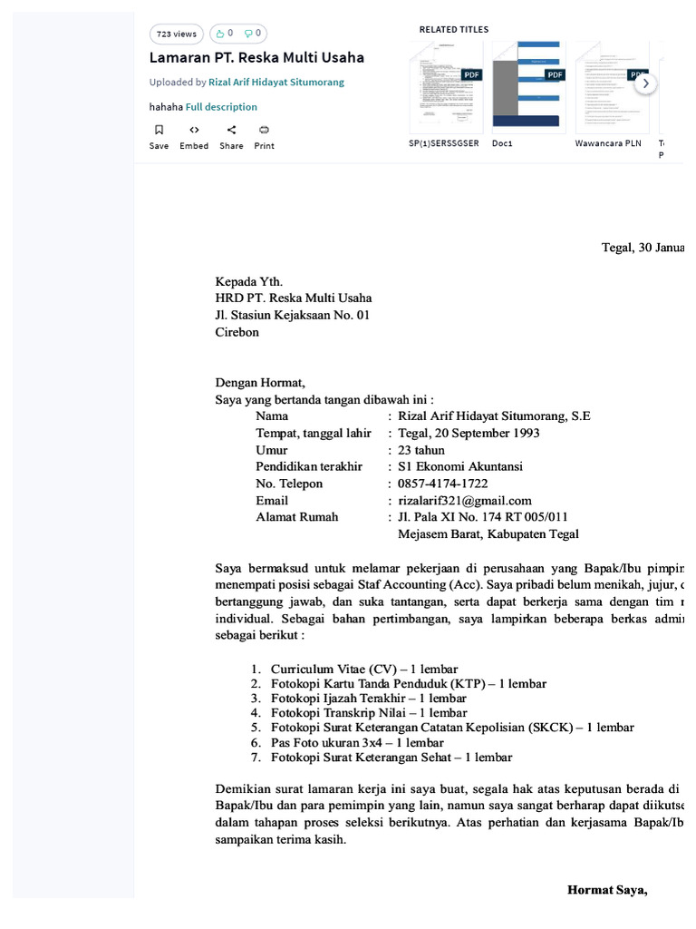PDF Lamaran PT Reska Multi Usaha - Compress | PDF