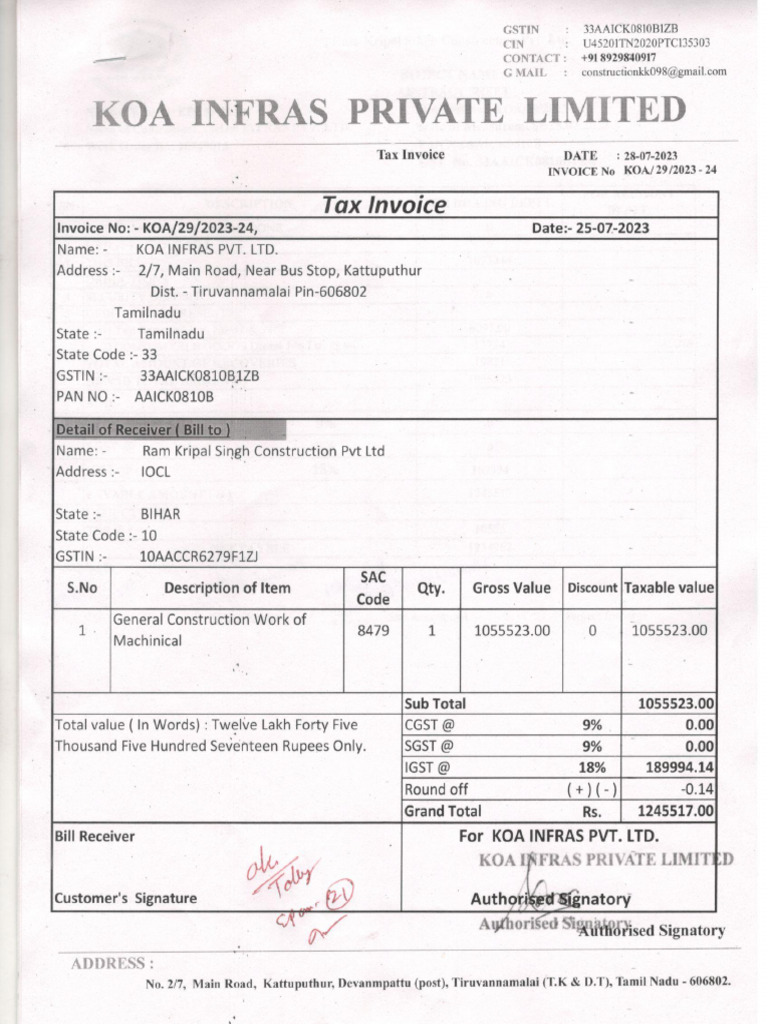 Koa Infras Pvt. Ltd. Inv-29 | PDF