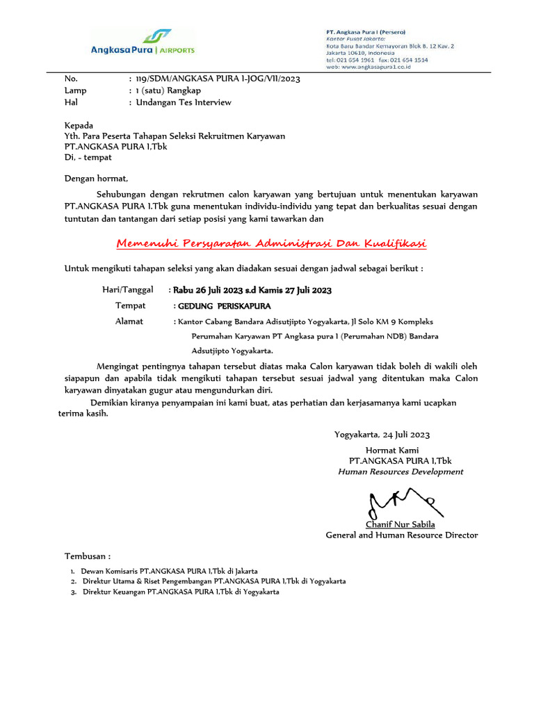 Undangan Tes Interview Karyawan AP I | PDF