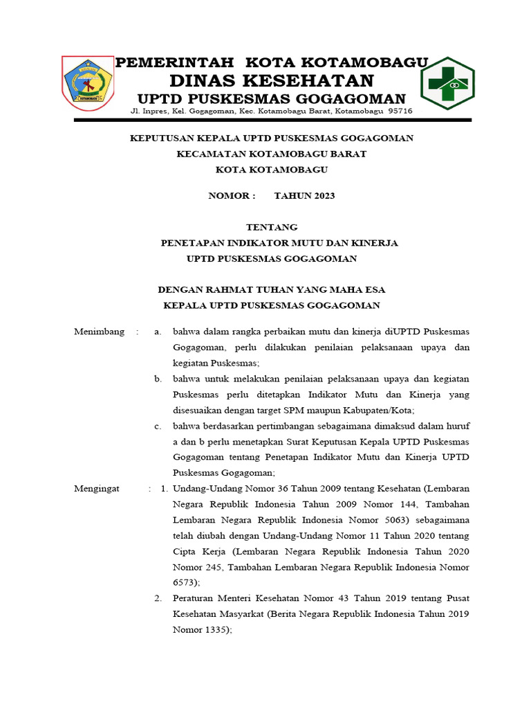 SK Penetapan Indikator Mutu Dan Kinerja Puskesmas - PKP 2023 | PDF