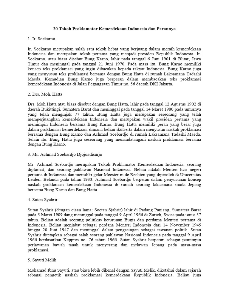 20 Tokoh Proklamator Kemerdekaan Indonesia Dan Perannya | PDF