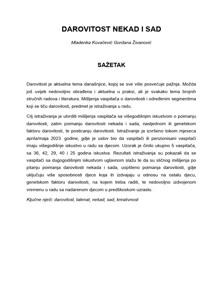 Darovitost Nekad I Sad - Gordana Živanović | PDF