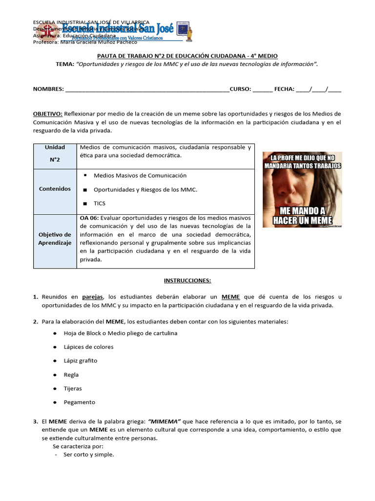 MG - MUÑOZ - 4°M - Pauta de Trabajo N°2 Creación de Un Meme Sobre Los MMC | PDF | Meme | Aprendizaje