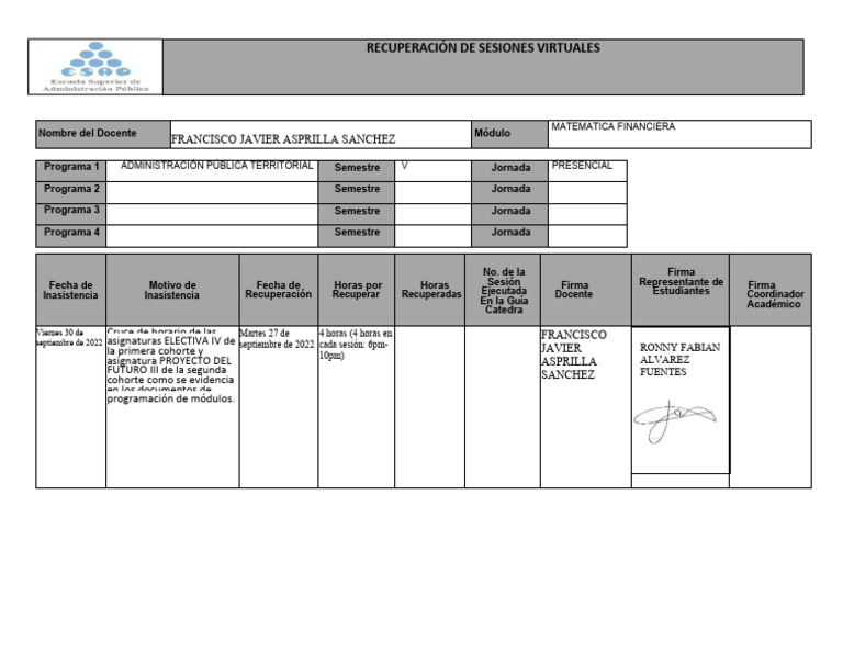 FORMATO DE RECUPERACIÓN DE SESIONES Electiva Formulación y Evaluacion de Proyectos | PDF