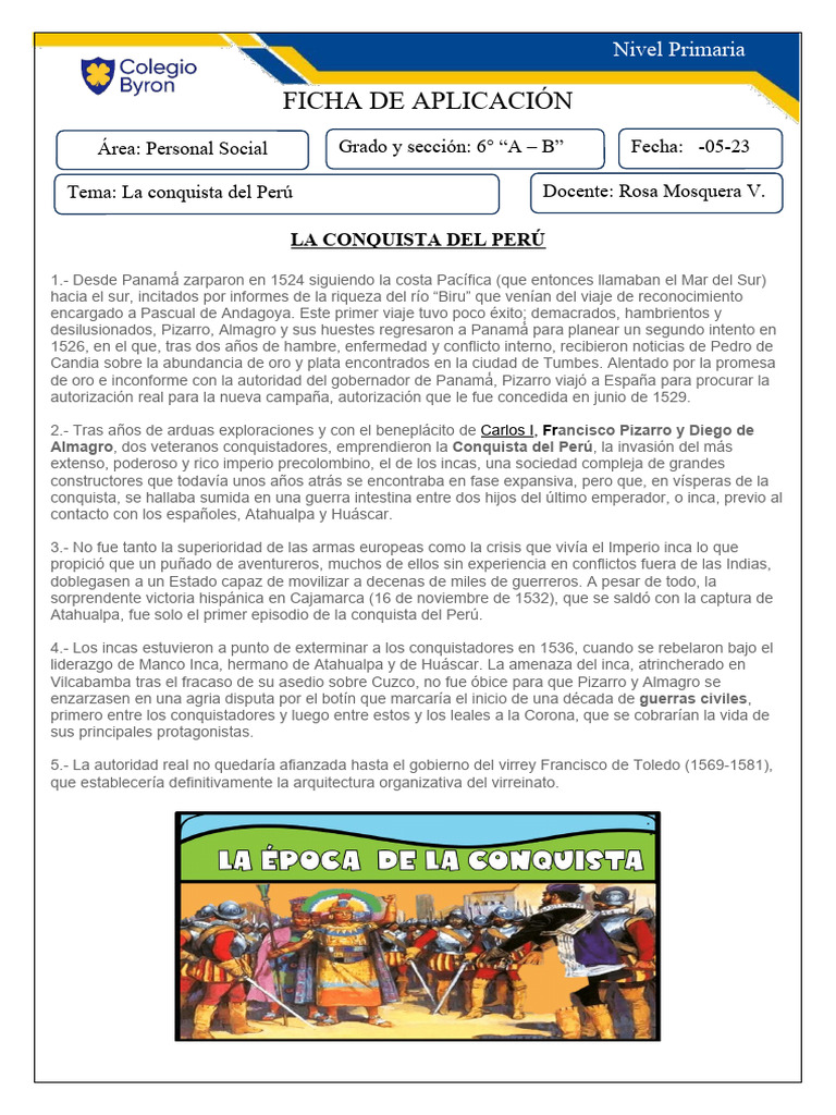 Ficha PS 6º - Conquista Del Perú | PDF | Francisco Pizarro | Imperio Inca