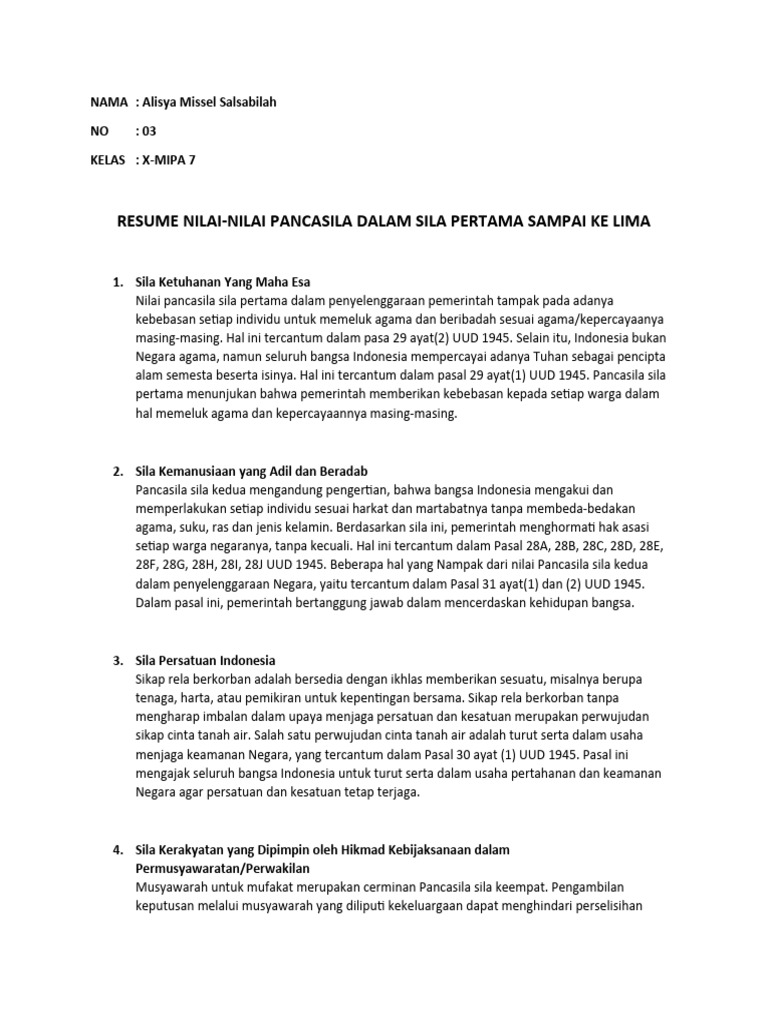 Resume Nilai-Nilai Pancasila Dalam Sila Pertama Sampai Kelima | PDF