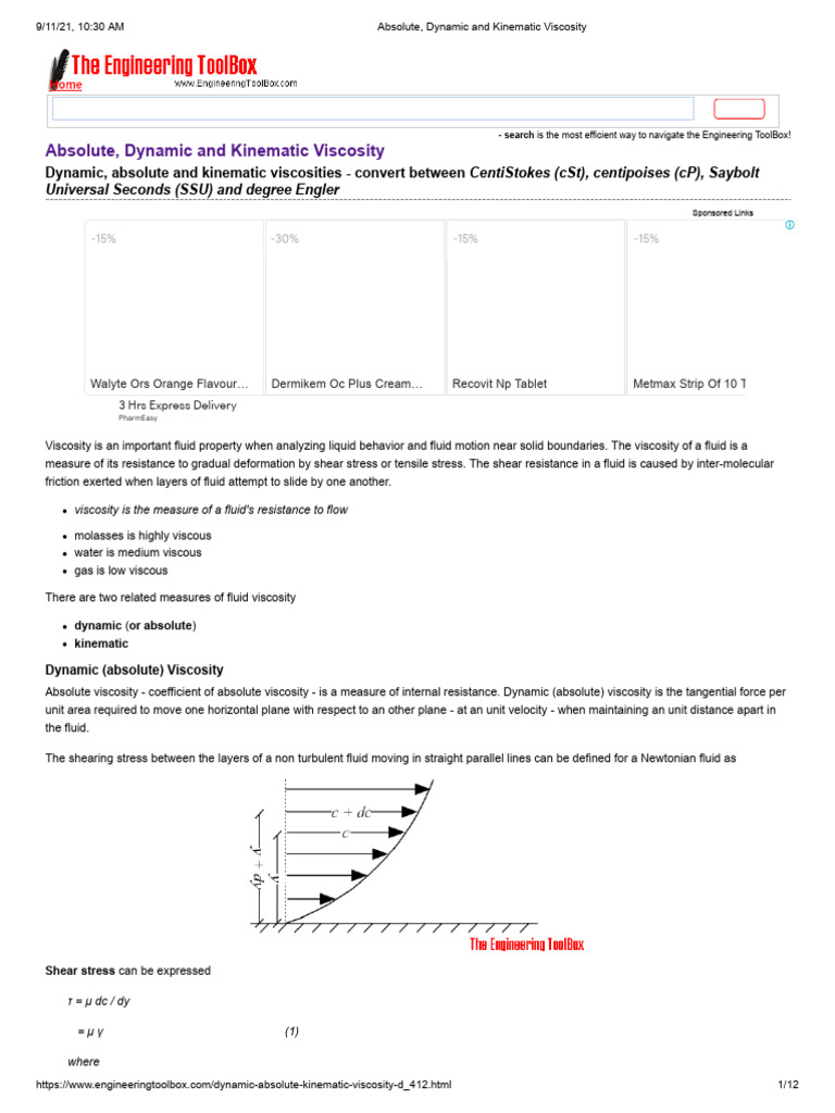 Absolute, Dynamic and Kinematic Viscosity | PDF | Viscosity | Shear Stress