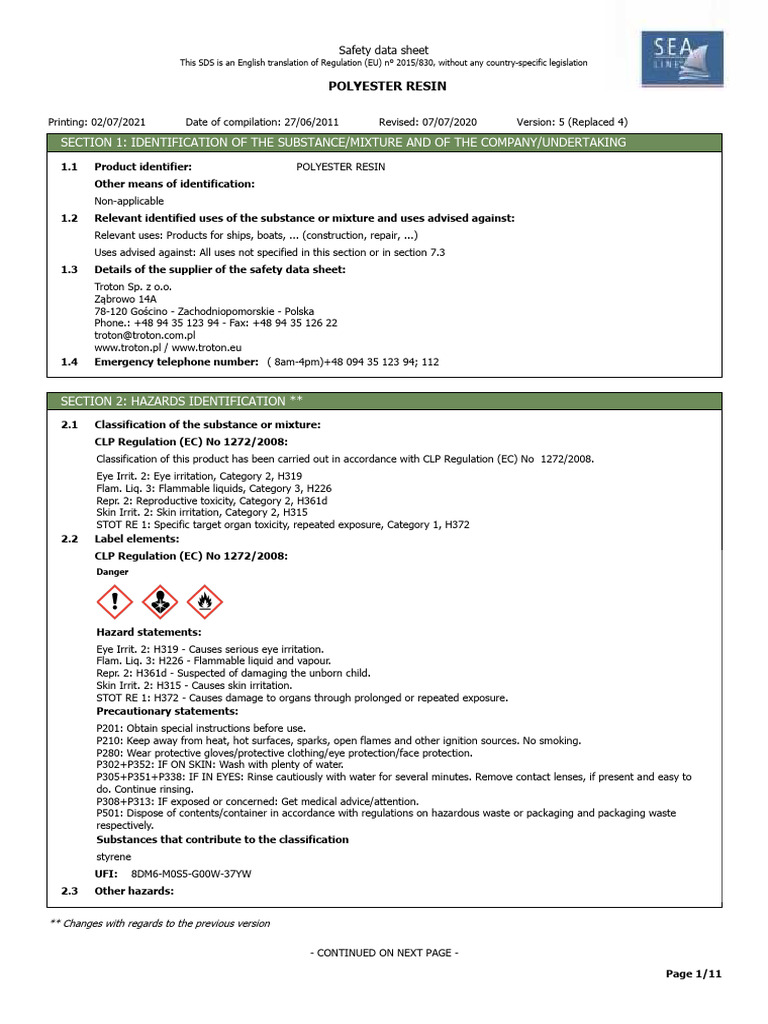 Polyester Resin | PDF | Dangerous Goods | Toxicity