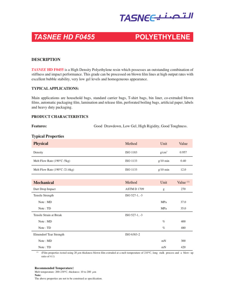 Tds Tasnee HD f0455 | PDF | Polyethylene | Polymers