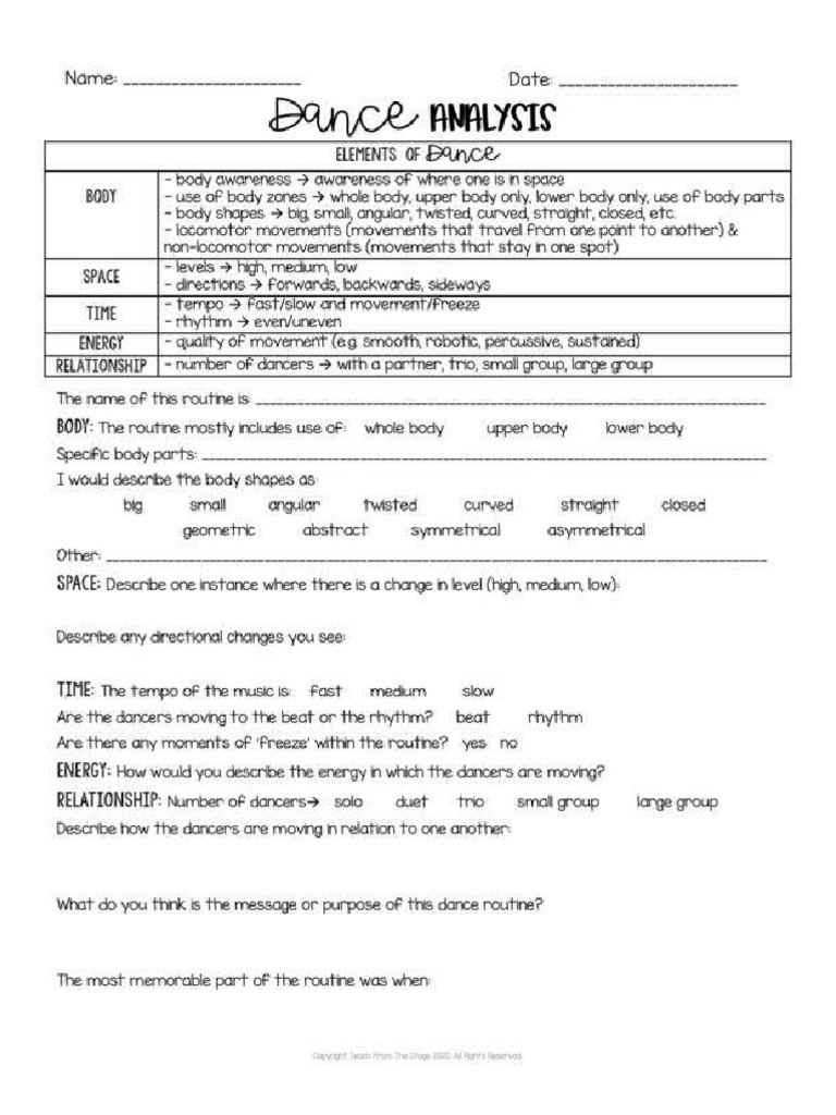 Dance Analysis Activity Sheet | PDF