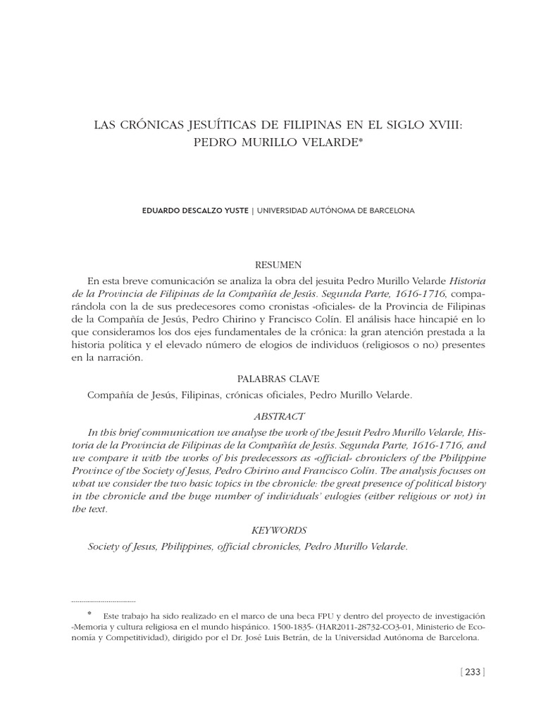 Descalzo Las Crónicas Jesuíticas De Filipinas En El Siglo Xviii Pedro Murillo Velarde Pdf