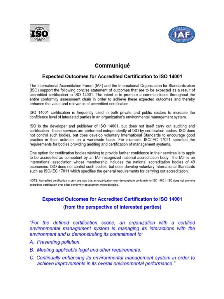 ISO 14001 Accredited Certification Outcomes | PDF | Certification ...
