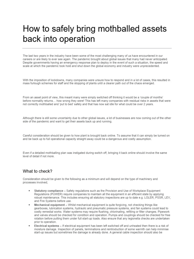 Restarting Mothballed Assets Safely | PDF | Risk | Safety