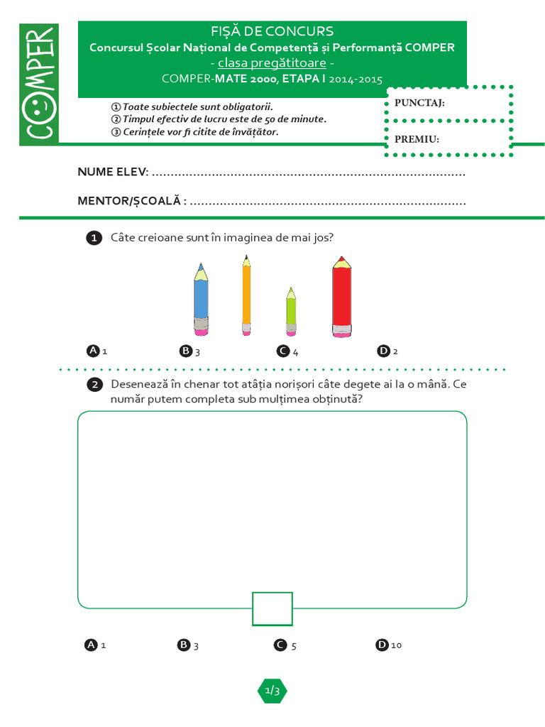 COMPER Subiect Si Barem Matematica EtapaI Clasa0!14!15 | PDF