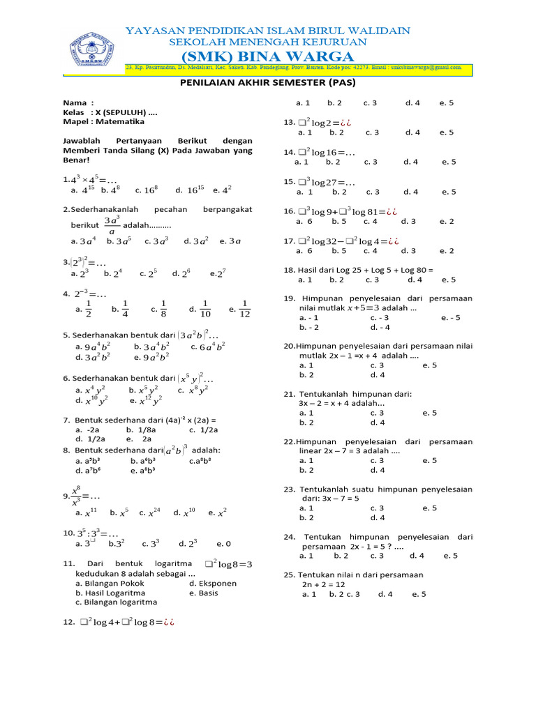 Soal Pas MTK KLS X Sem 1 (2021) | PDF