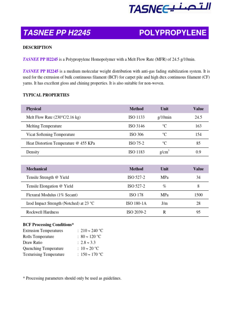 Tds-Tasnee PP h2245 | Download Free PDF | Extrusion | Materials