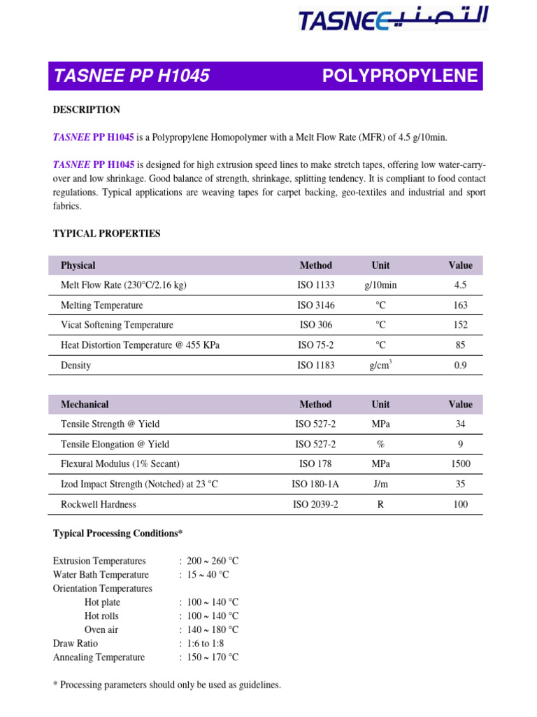 Tds-Tasnee PP h1045 | PDF | Strength Of Materials | Extrusion