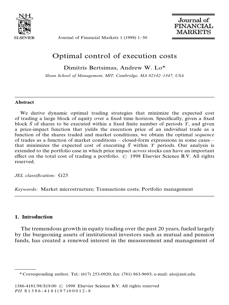 Optimal Control of Execution Costs | Download Free PDF | Mathematical ...