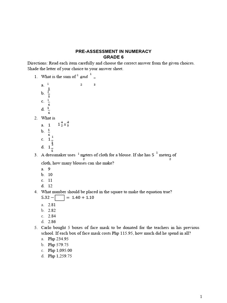 Pre Assesment in Math 6 | PDF | Area | Volume