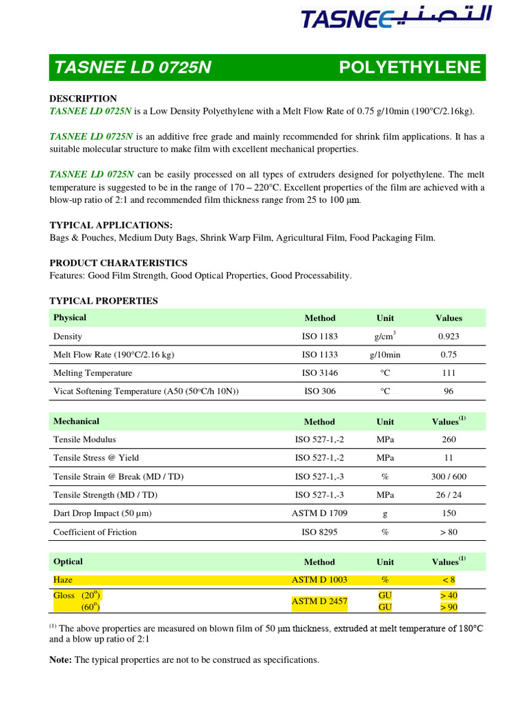 Tds-Tasnee LD 0725n | PDF | Strength Of Materials | Polyethylene