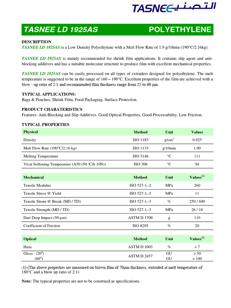 Tds-Tasnee LD 1925as | PDF | Polyethylene | Polymers