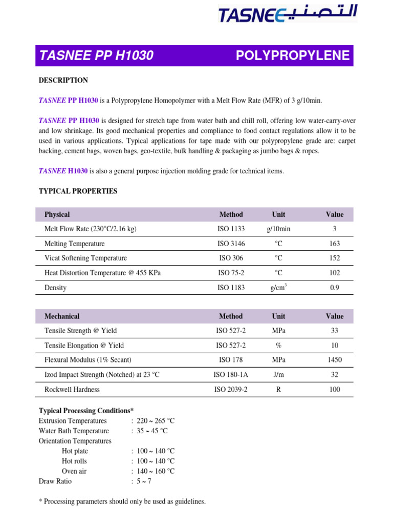 Tasnee PP H1030 Polypropylene Overview | PDF | Secondary Sector Of The ...