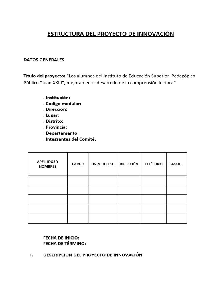 Estructura Del Proyecto de Innovación | PDF | Comprensión lectora ...