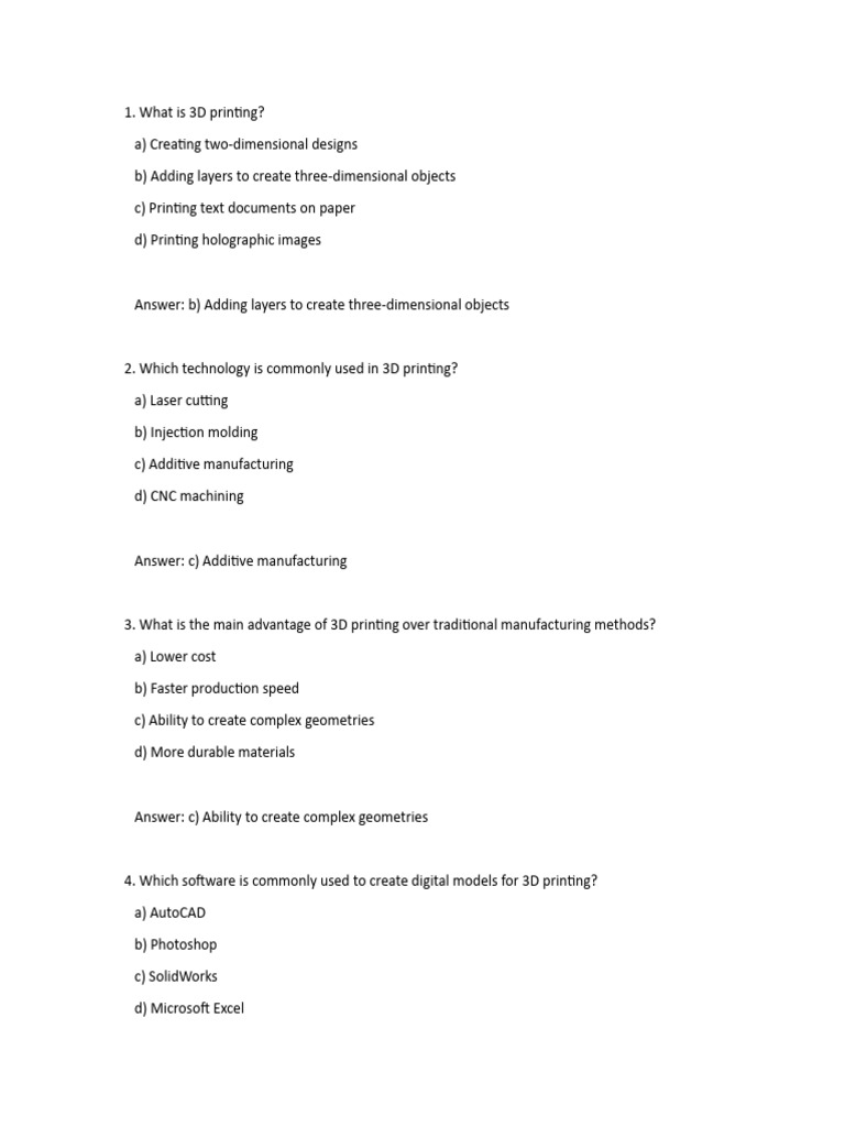 Test Ans 290-3D-Printing | PDF | 3 D Printing | Building Materials