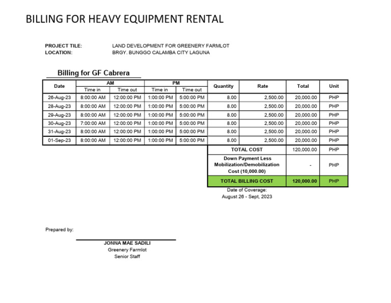 Backhoe Rental Billing Statement | PDF